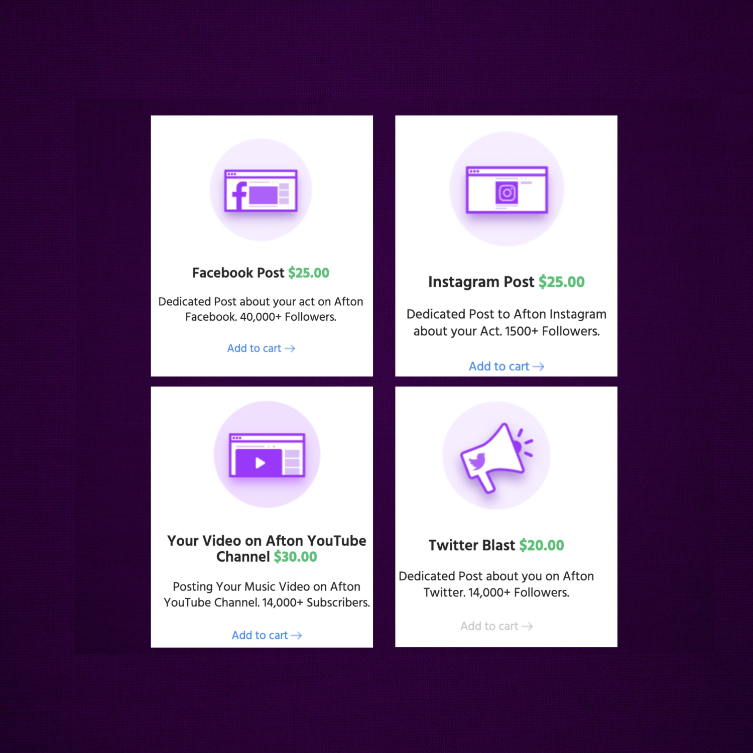 MyAfton Promo Options | Our catalog of promo options for artists.